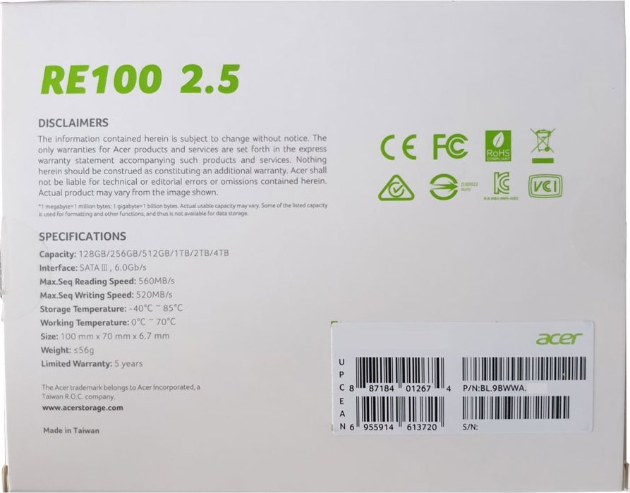 SSD-накопитель 2.5" SATA 256GB Acer RE100 (RE100-25-256GB) купить | ELMIR - цена, отзывы ...